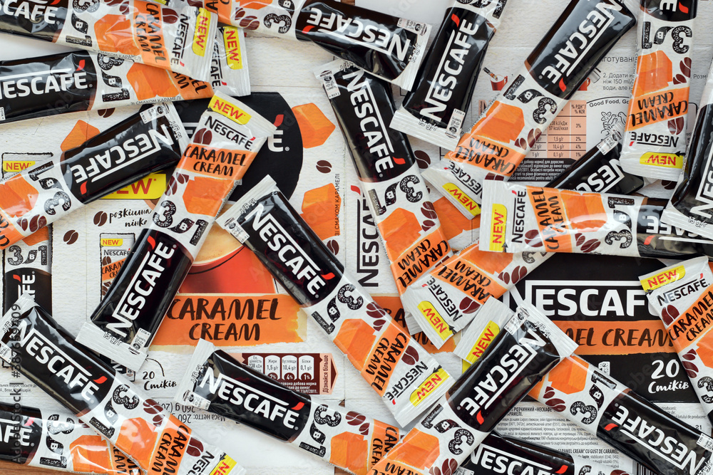 Many Nescafe caramel cream coffee sticks. Nescafe is a brand of coffee ...