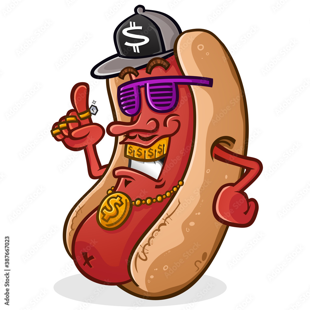 A cool urban hip hop rapper hot dog cartoon with a grill, flat brimmed ...