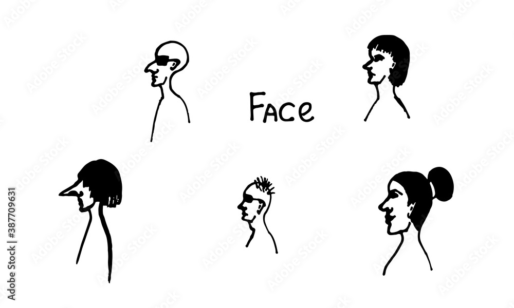 Half face silhouette. Vector hand drawn ink illustration. Collection of ...