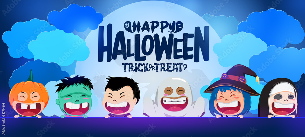 Halloween kid vector banner background design. Happy halloween text in ...