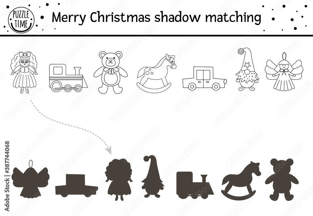Christmas black and white shadow matching activity for children. Winter ...