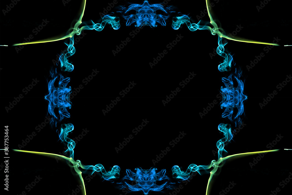 Frame and ornament of turns and swirls of colored smoke on black ...