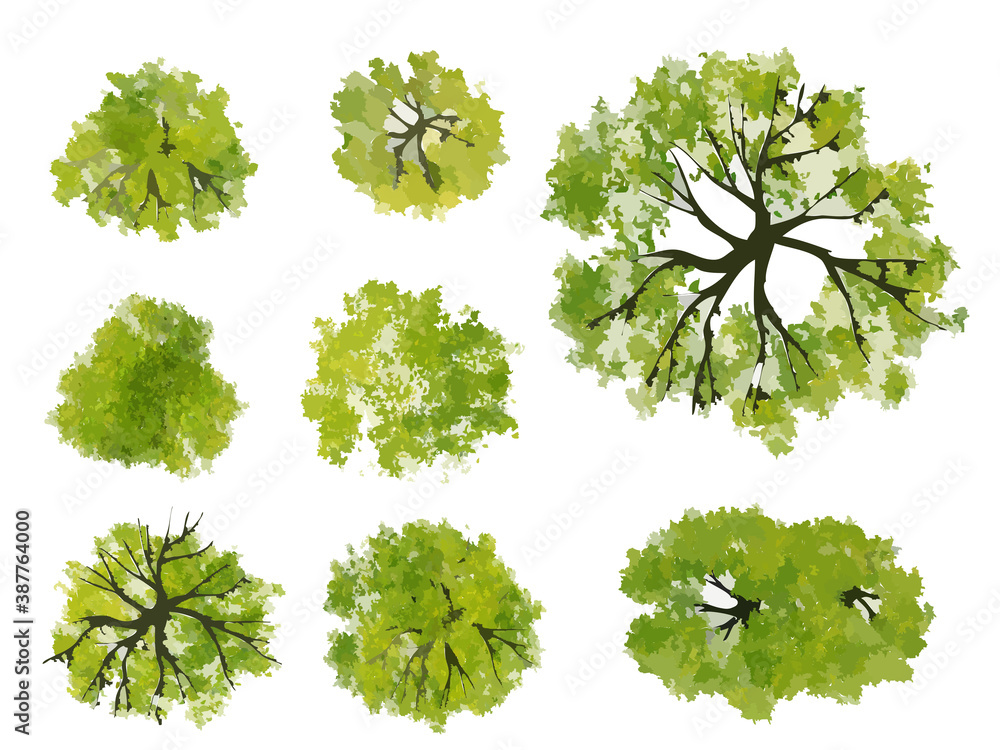 Ilustrasi Stok Collection of abstract watercolor green tree top view ...