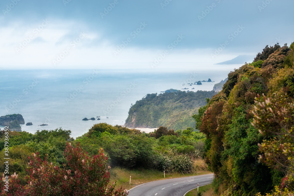 Perspective view from Knight's Point Lookout with fog in the distance ...