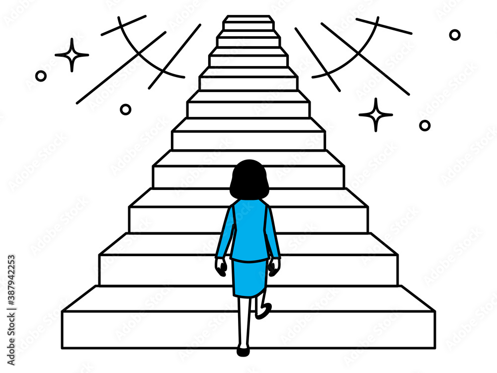 Back view of a woman starting to climb the stairs. Vector illustration ...