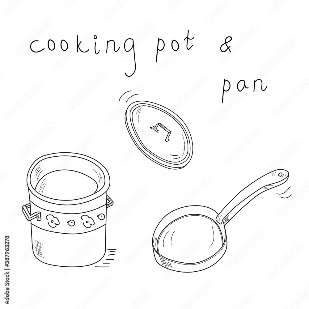 Cooking pot and frying pan with lid in motion essentric cartoon sketch ...