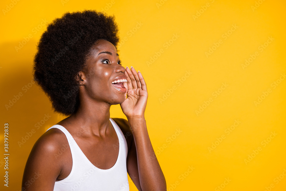 Profile photo of crazy young girl look scream empty space open mouth ...