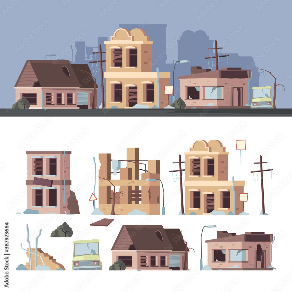 Vector de Stock Damaged buildings. Bad old trouble houses abandoned ...