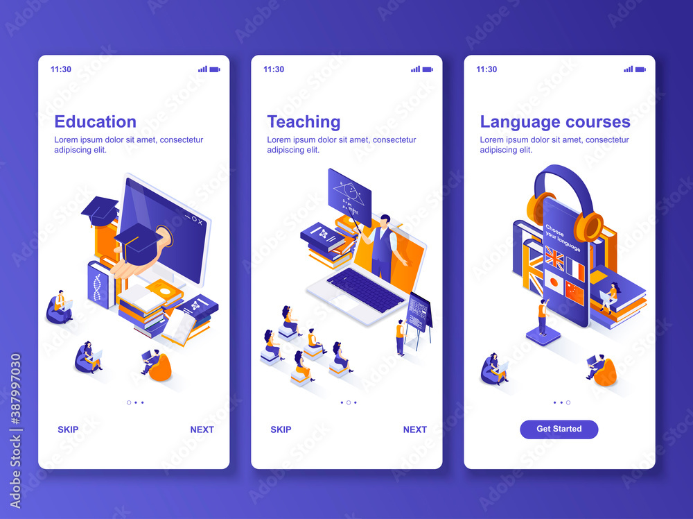 Language courses isometric GUI design kit. Distance education, online ...