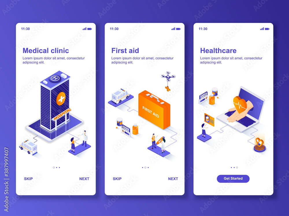 Medical clinic isometric GUI design kit. First aid and social ...