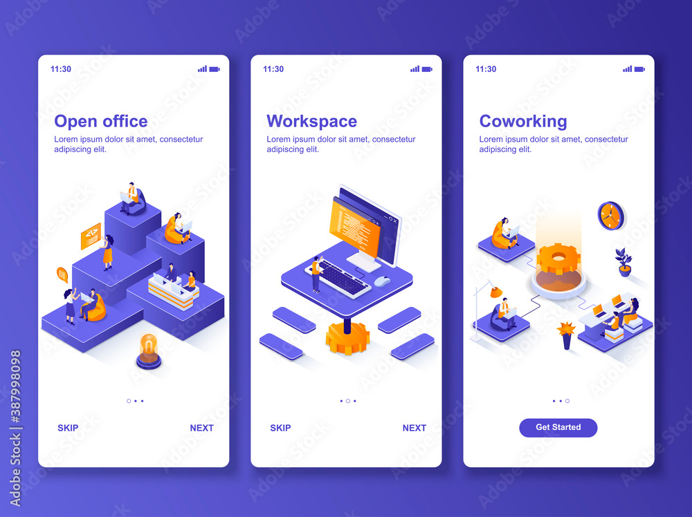 Vector de Stock Open office isometric design kit. Coworking workspace ...