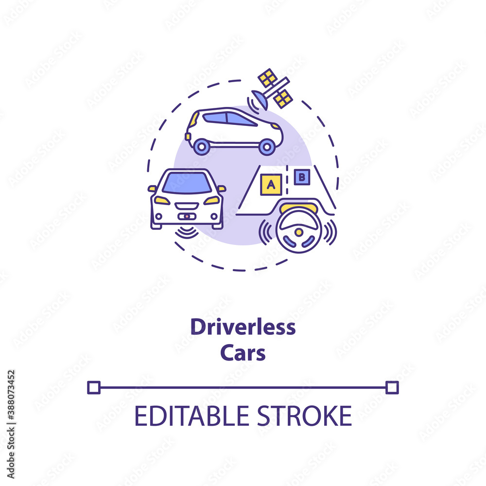 Driverless cars concept icon. Futuristic road safety. Computer ...