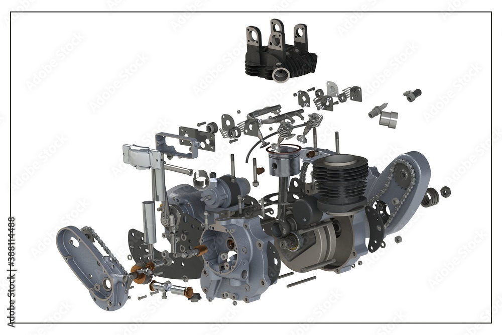 3D design of a motorcycle engine with exploded view. Stock Illustration ...