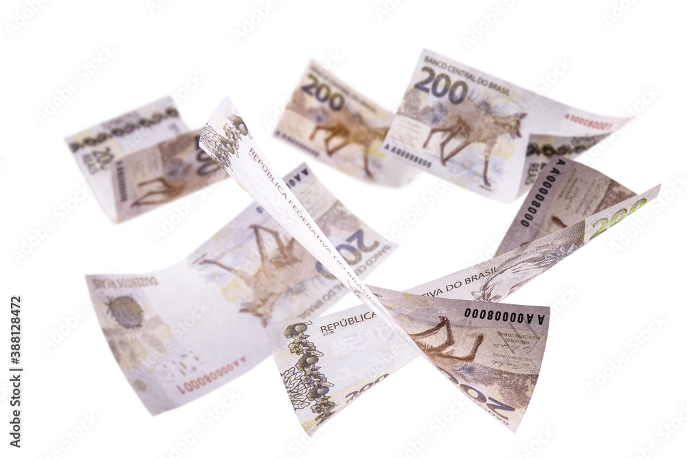 200 reais banknotes, bank notes falling on isolated white background ...
