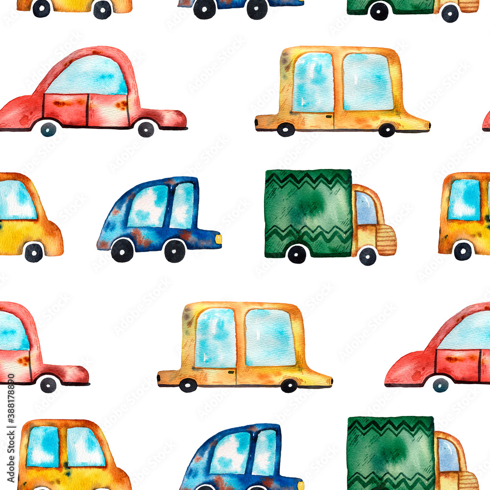 Watercolor pattern of cars. Hand drawn style. Cartoon art. Print for ...