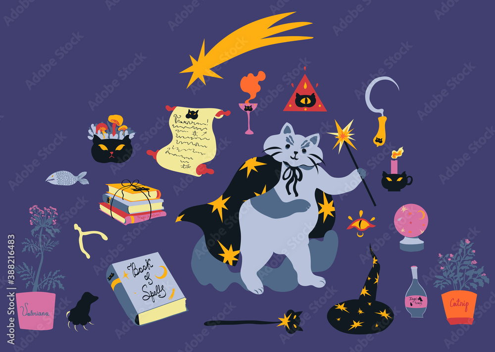 Bright Halloween cute wizard cat and his magical items vector ...