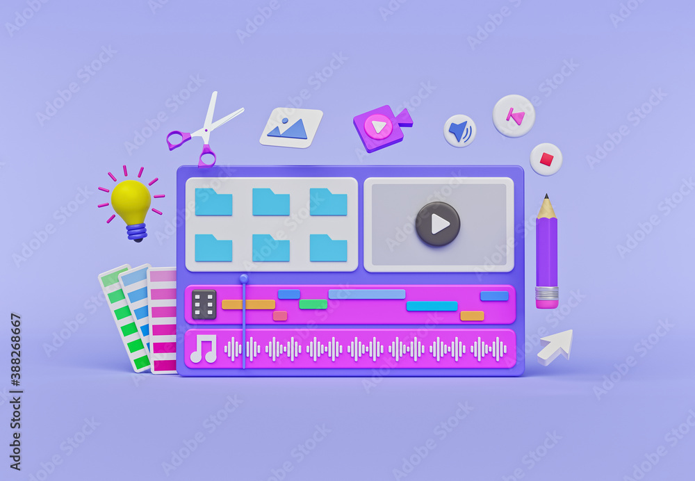 cartoon style minimal video clip editing timeline window. Concept of ...