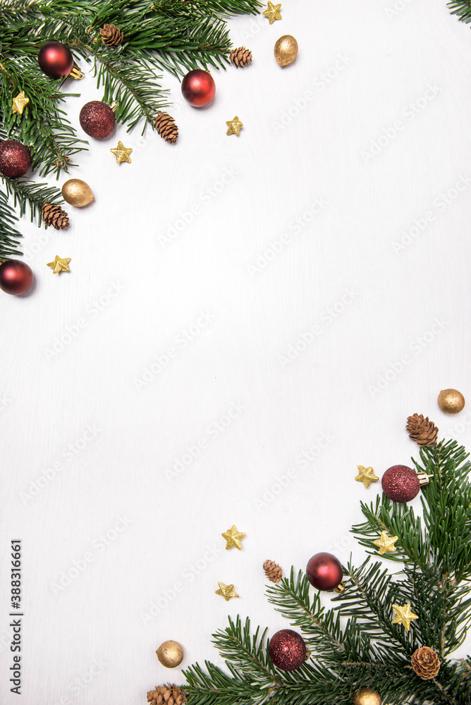 Festive Christmas background with beautiful decorations and pine ...