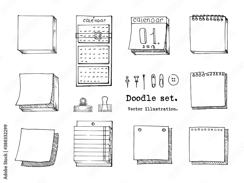 Vector Set of Doodle sticky note, paper sheet, pack of paper, calendar ...