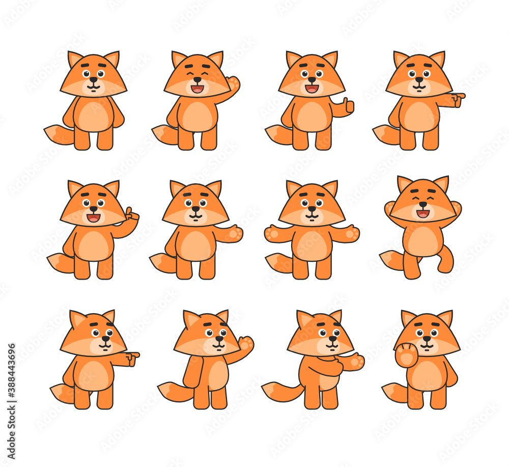 Fox mascot showing various hand gestures. Cute fox pointing, greeting ...