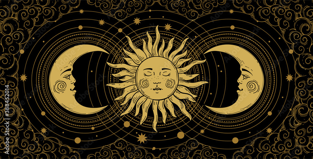 Mystical banner for astrology, tarot, boho design. Universe art, golden ...