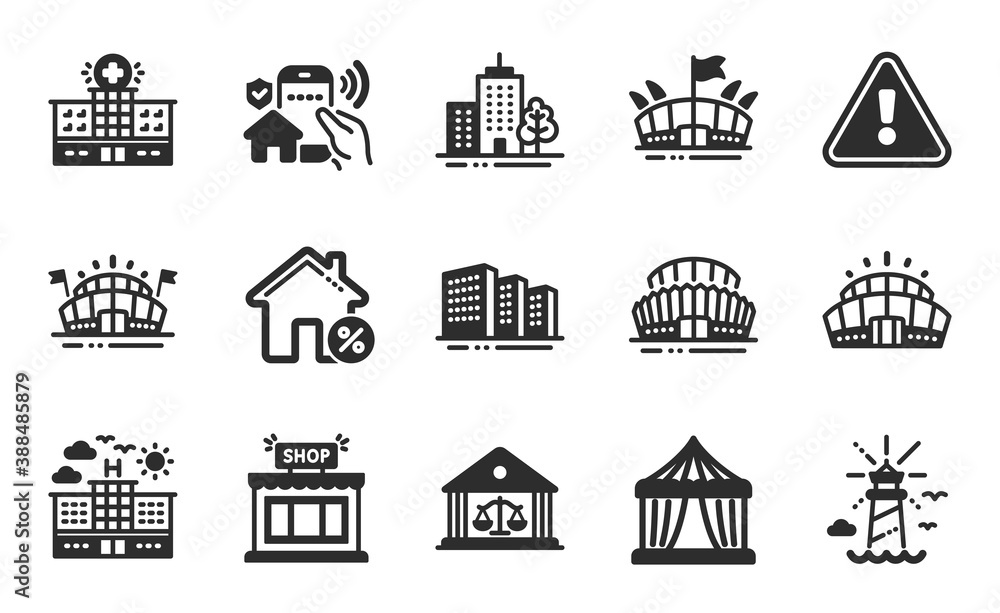 Stock-Vektorgrafik „Arena stadium, Lighthouse and Skyscraper buildings ...