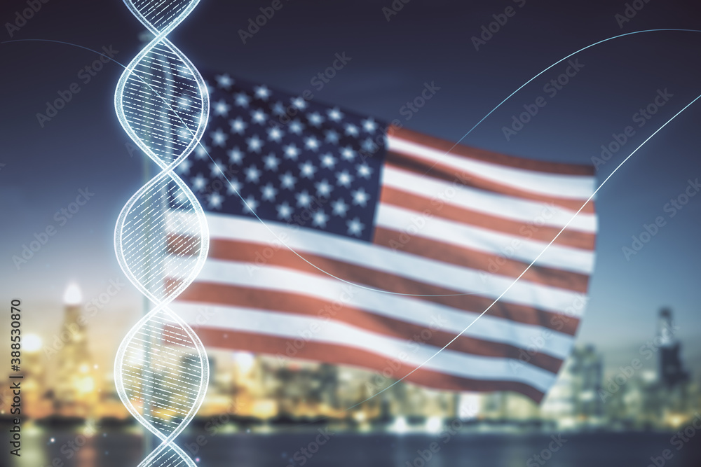 DNA hologram on US flag and skyline background, science and biology ...