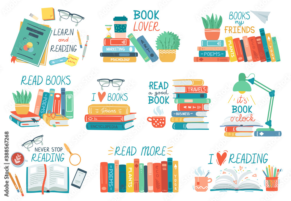 Reading books. Stack of library books with hand drawn lettering, open ...