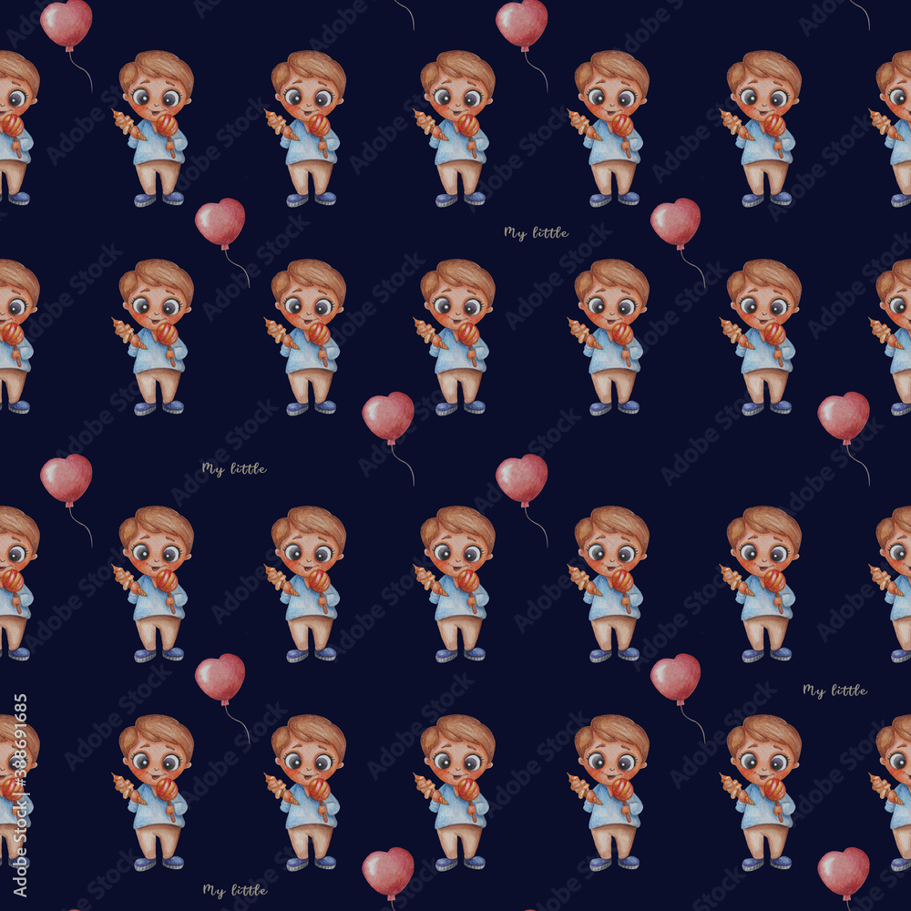 Seamless patterns. Sweet tooth boy with candy and ice cream in his ...