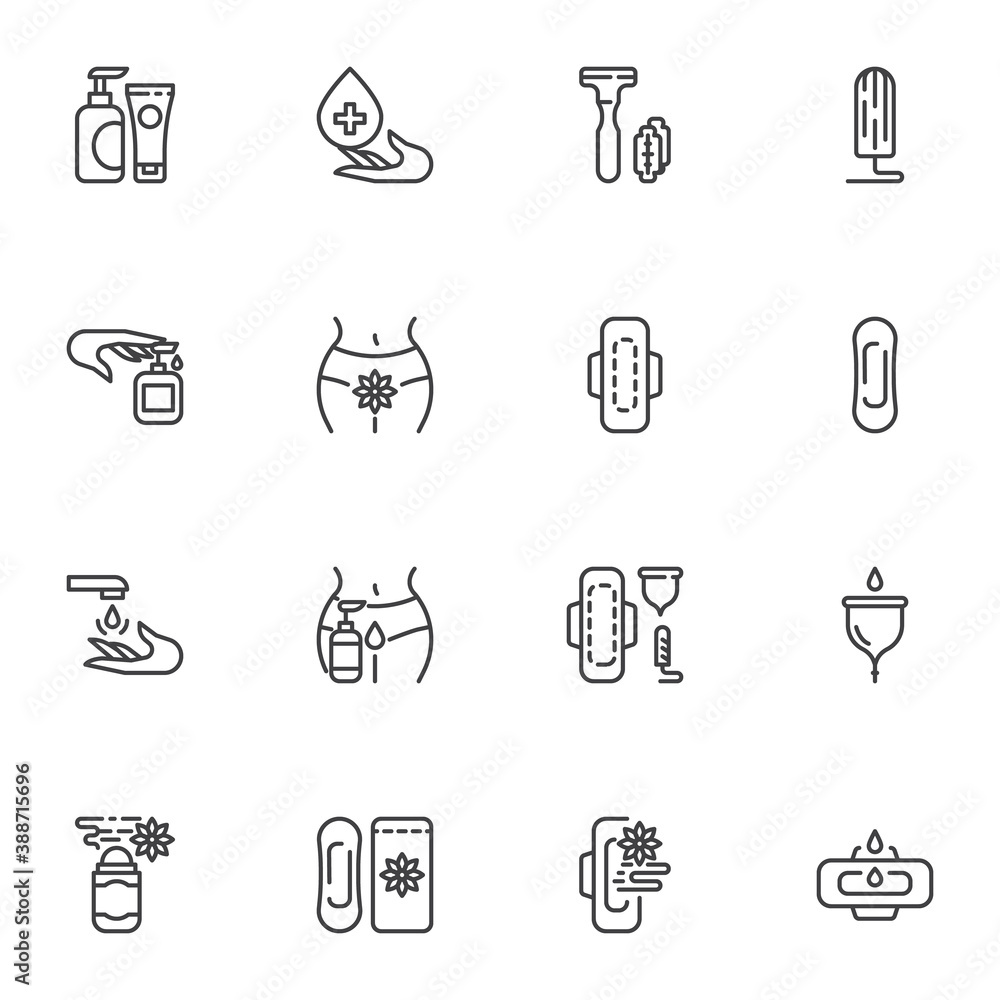 Vector de Stock Intimate hygiene, menstruation line icons set, outline ...