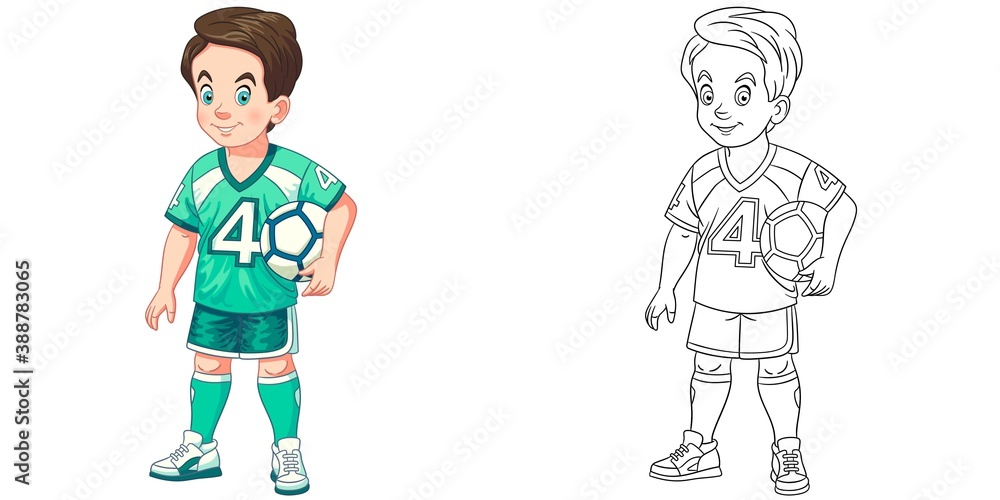 Coloring page with boy playing football. Line art drawing for kids ...