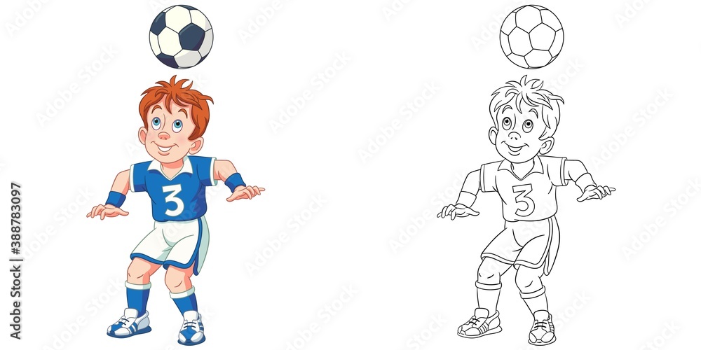 Coloring page with boy playing football. Line art drawing for kids ...