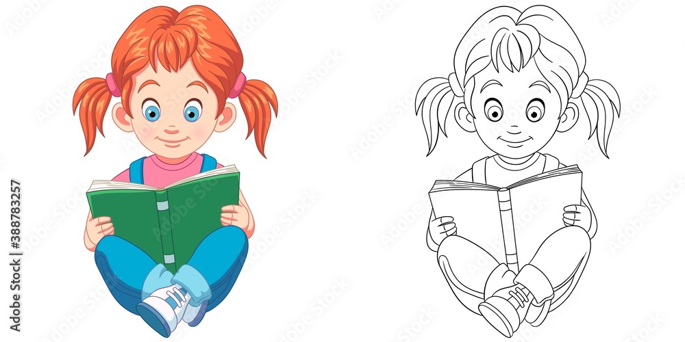 Coloring page with girl reading. Line art drawing for kids activity ...