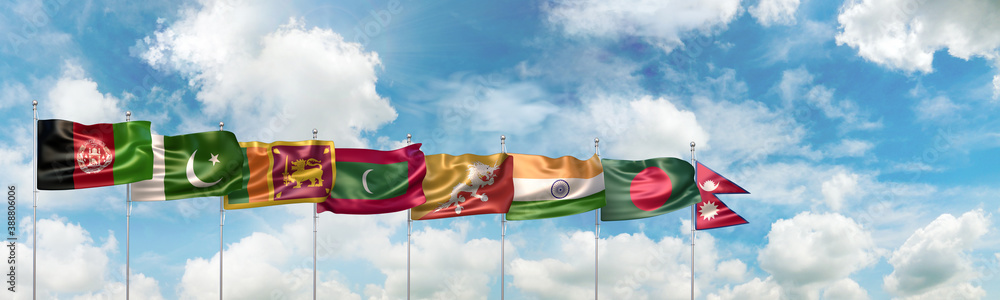 3D Illustration with national flags of the eight countries which are ...