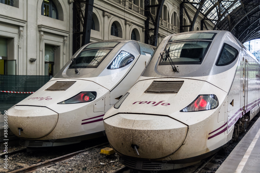 Two noses of high-speed trains on the platform of the Barcelona railway ...