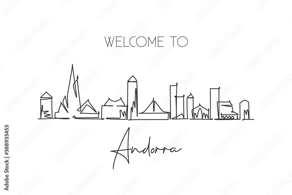 One single line drawing of Andorra la Vella city skyline. World ...