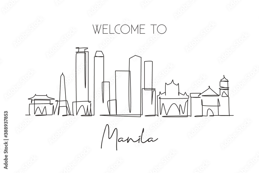 Vetor One single line drawing of Manila city skyline, Philippines ...