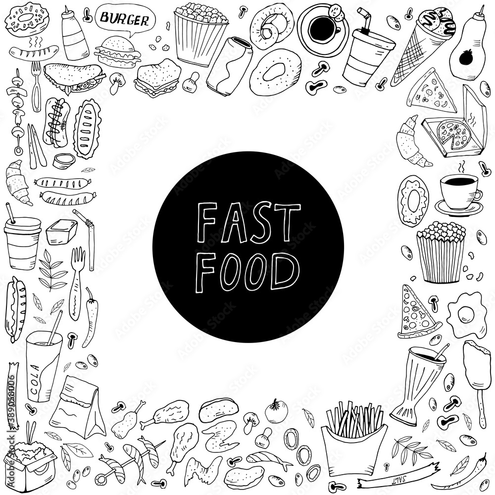 Set of hand drawn doodle fast food icons. Hand drawn doodle set Fast ... Set of hand drawn doodle fast food icons. Hand drawn doodle set Fast ...
