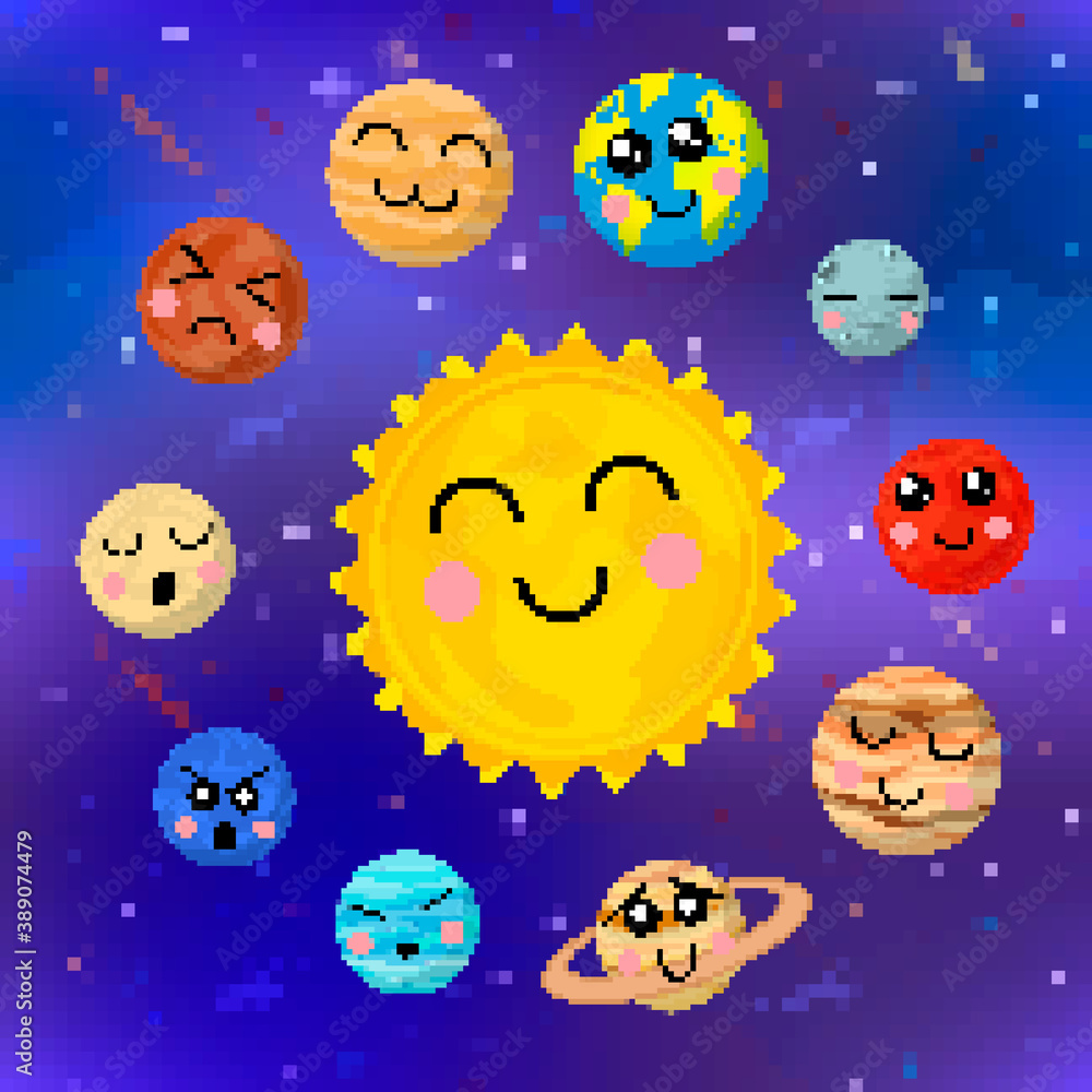 Set cartoon planets of solar system with cute faces in pixel art style on space background Stock ...