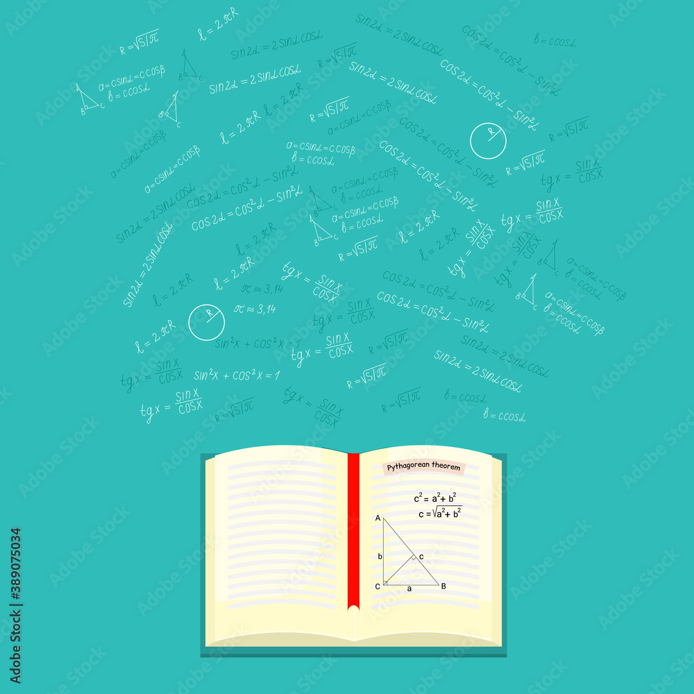Mathematics, geometry background with an open book on mathematics and ...