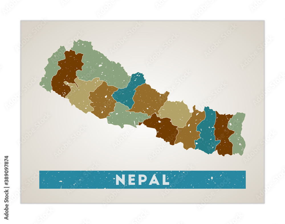 Nepal map. Country poster with regions. Old grunge texture. Shape of ...
