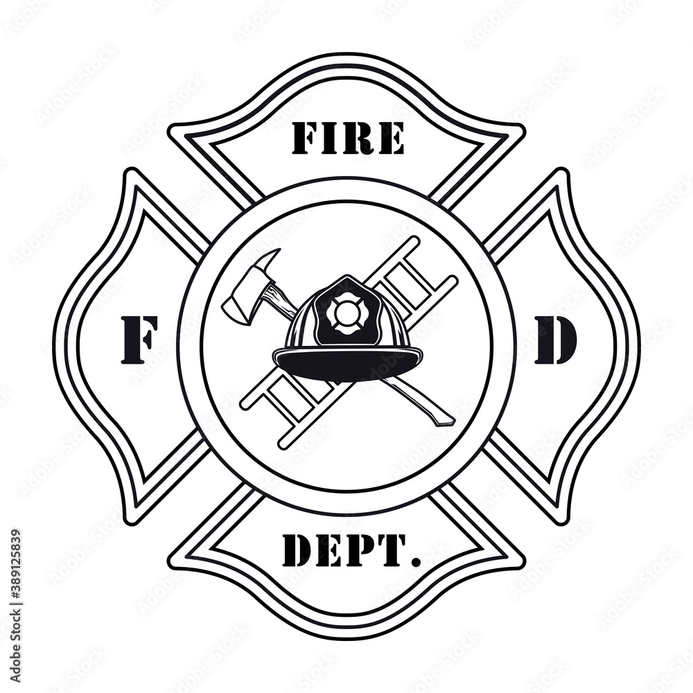 Fire dept emblem with helmet vector illustration. Ax, ladder, heraldry ...