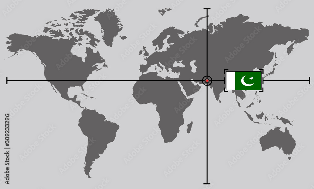 World map with coordinate point positioned by crossed lines on country ...