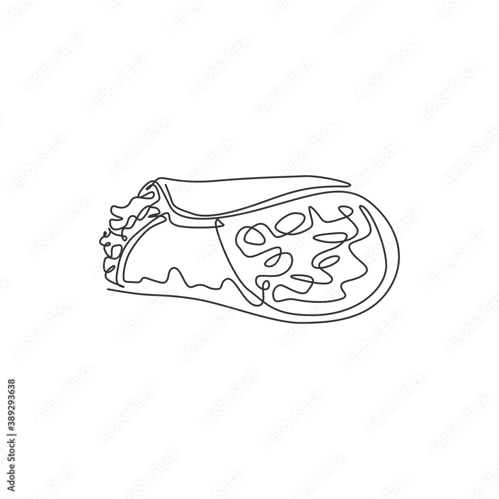 One single line drawing of fresh hot spicy Mexican burritos logo vector ...