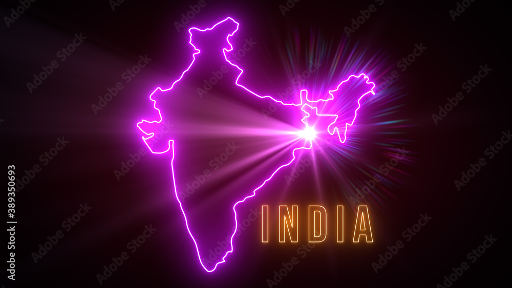Red Purple Bright Light Mainland India Map And Lettering Neon Sign With ...