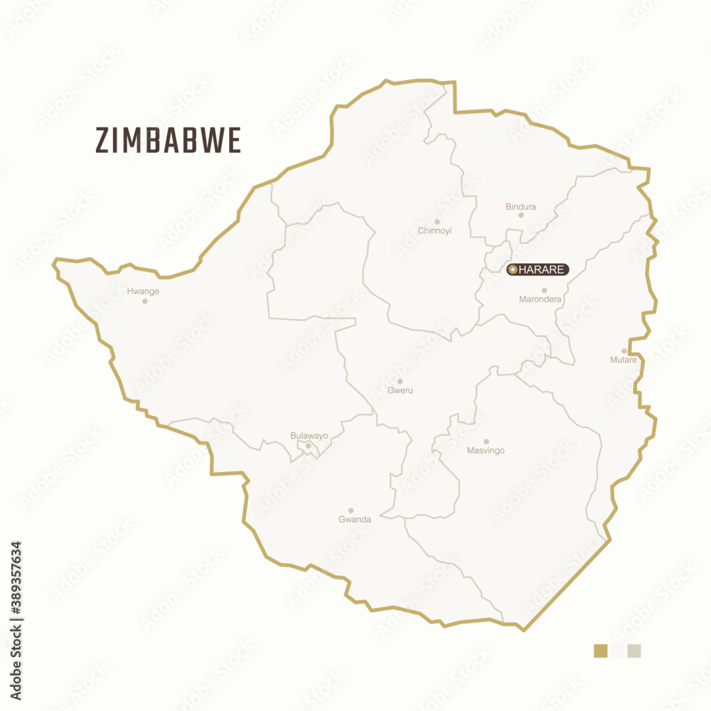 Map of Zimbabwe with border, cities and capital Harare. Each city has ...
