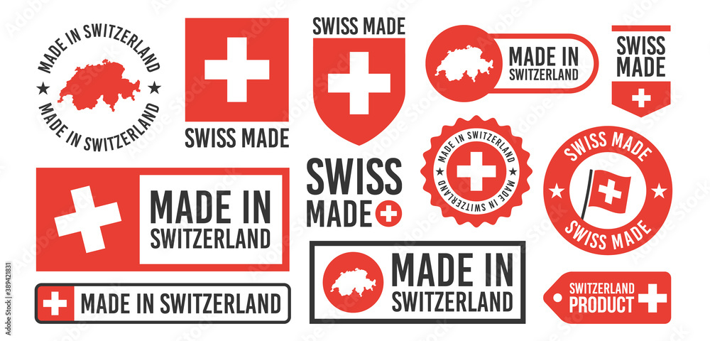 Large set of Made in Switzerland labels, signs. Swiss made badges set ...