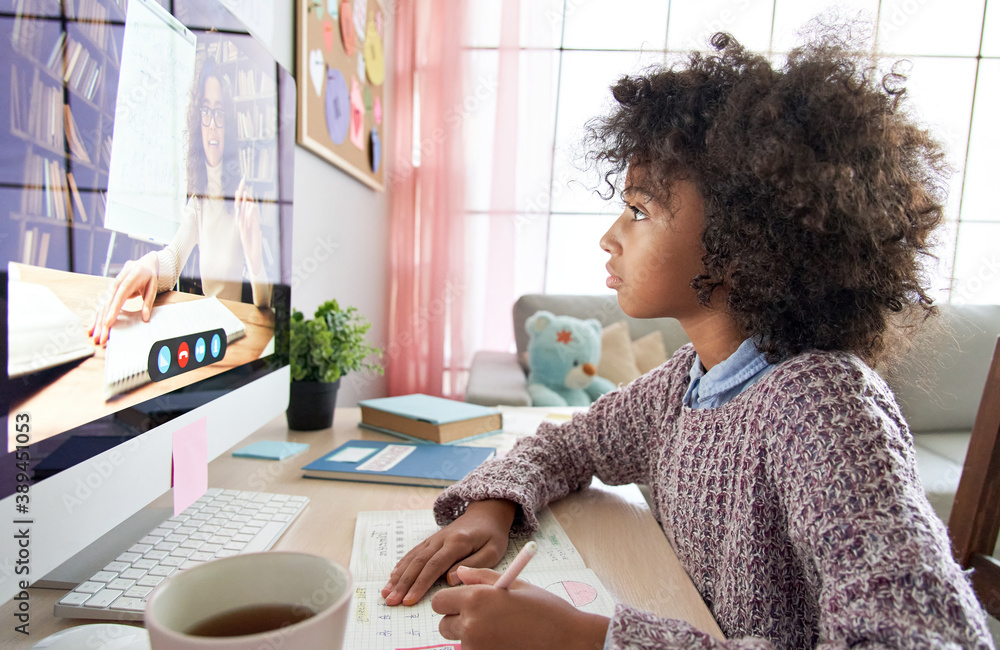 Smart small african school child girl online learning with online ...