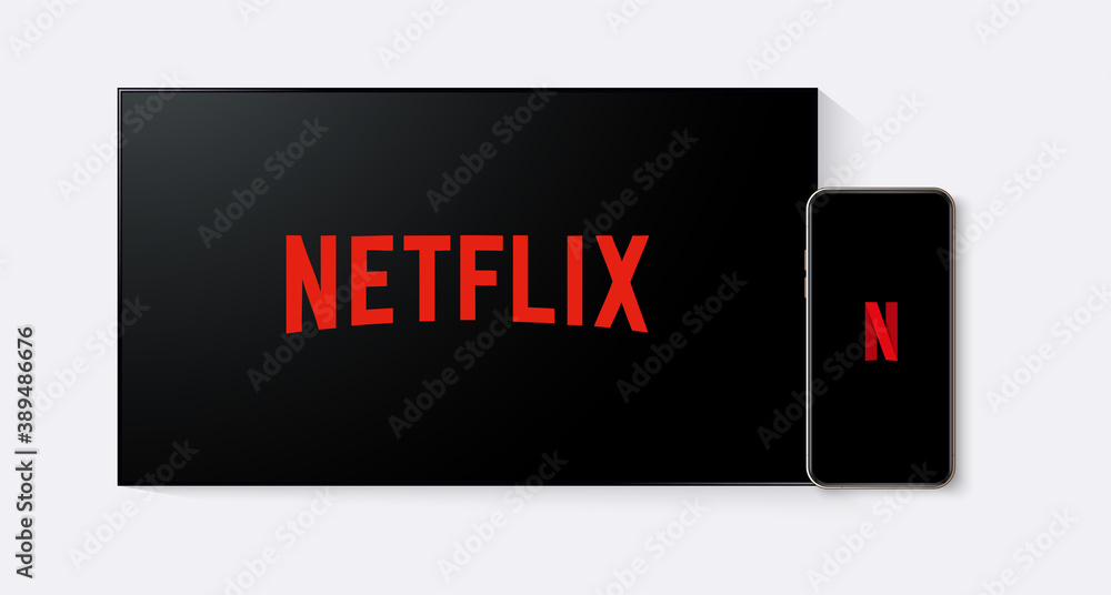 Netflix logo on Apple smartphone iPhone adn TV screen. Netflix logo ...