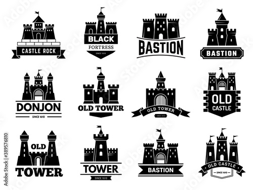 Ancient castles logo. Medieval fortress with towers vector badges or ...